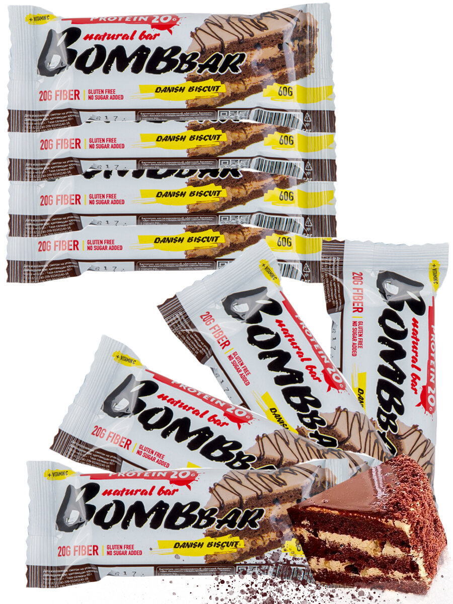 Протеиновый батончик BombBar Protein Bar 8 x 60 г, Датский бисквит