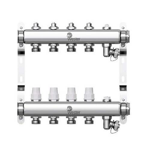 Коллекторная группа для радиаторного отопления Wester W903 - 1" на 4 контура 3/4" Евроконус