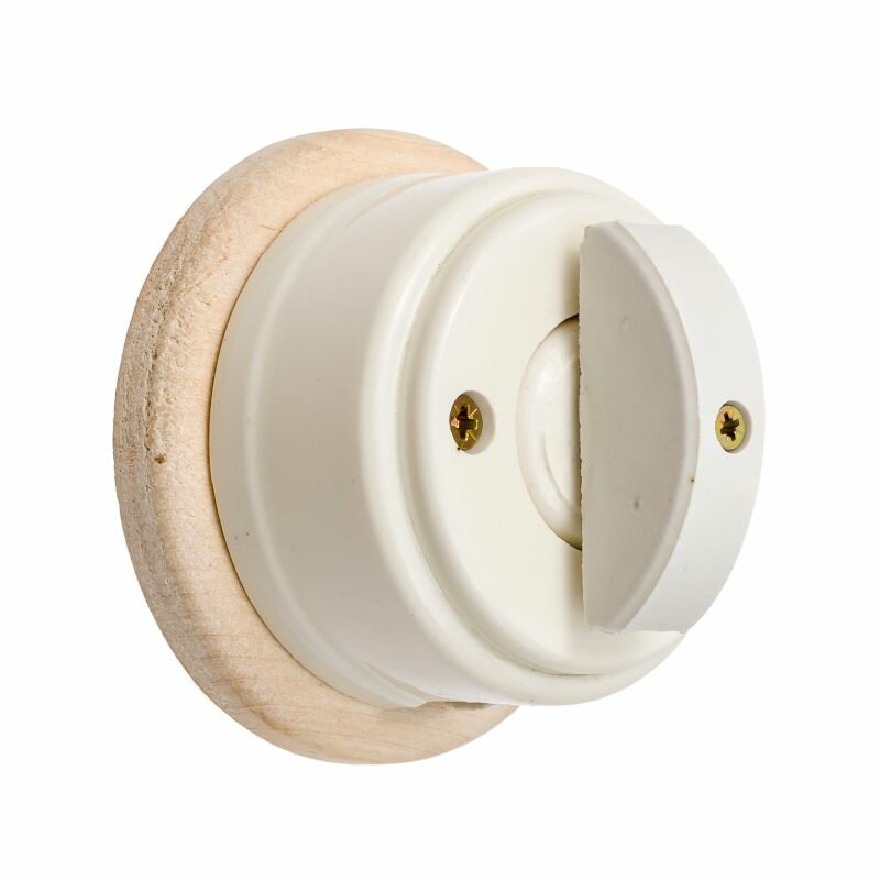 Выключатель ретро одноклавишный (проходной), керамический, с ручкой полумесяц, слоновая кость, подрозетник береза Zion