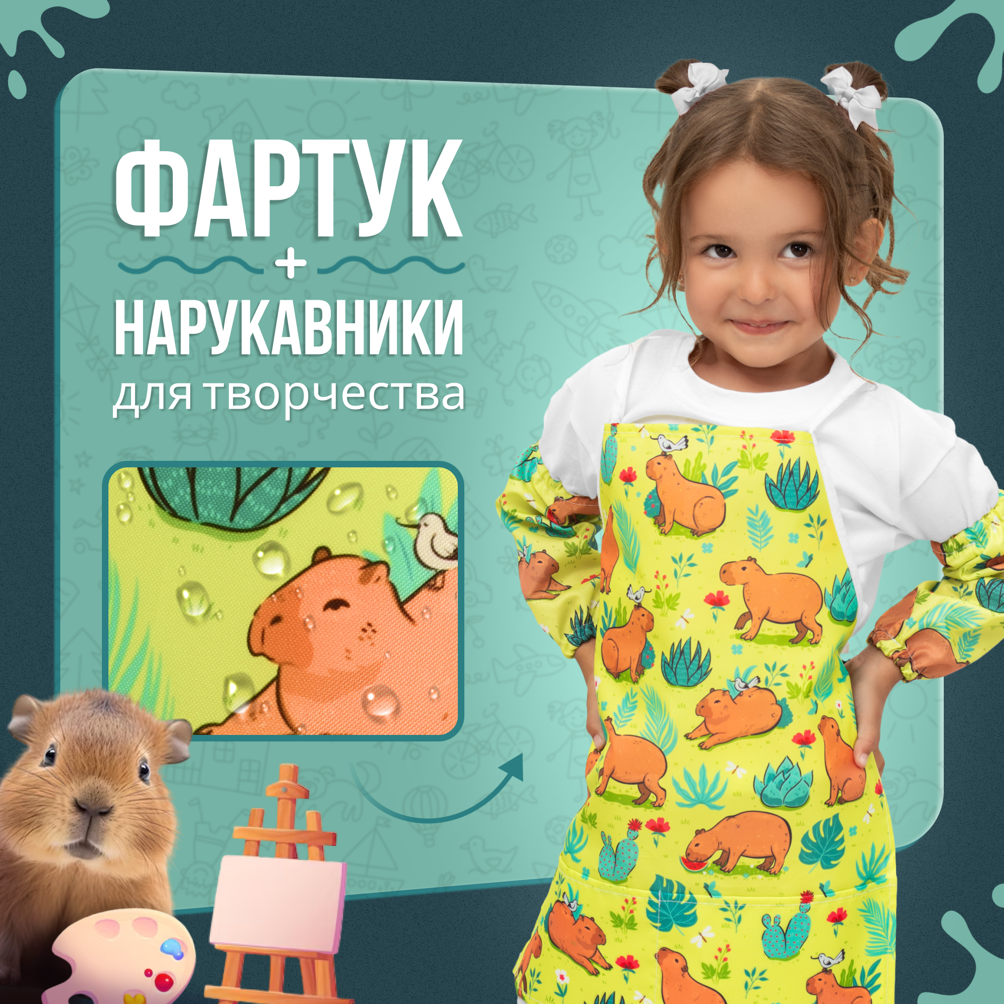 Фартук с нарукавниками для творчества Капибары MEGA TOYS детский набор для рисования и трудов для школы