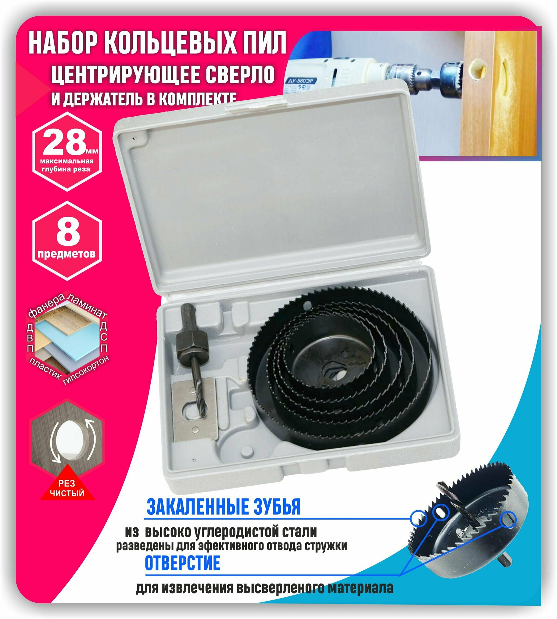 Набор коронки 8 шт. кейс, Короны по дереву набор 8 предметов (64, 76, 89, 102, 127 мм)