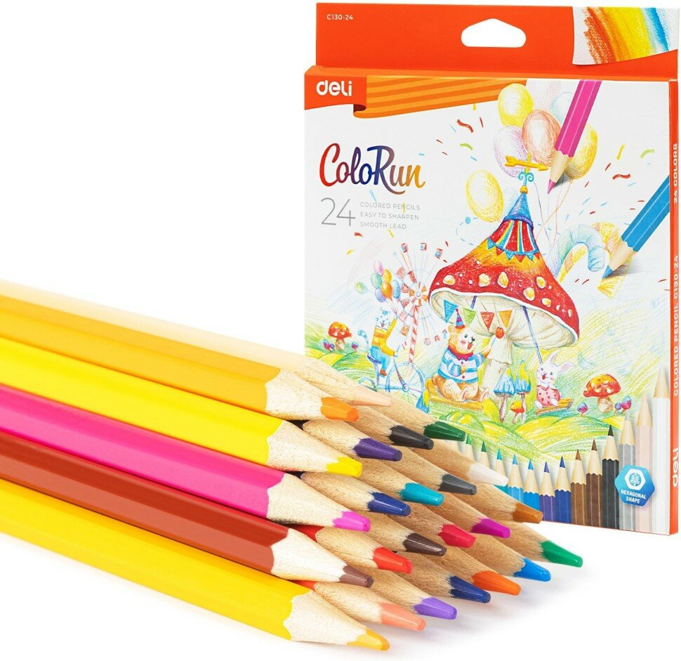 Карандаши цв. Deli EC130-24 ColoRun шестигран. дерево 24цв. коробка/европод. (24шт)