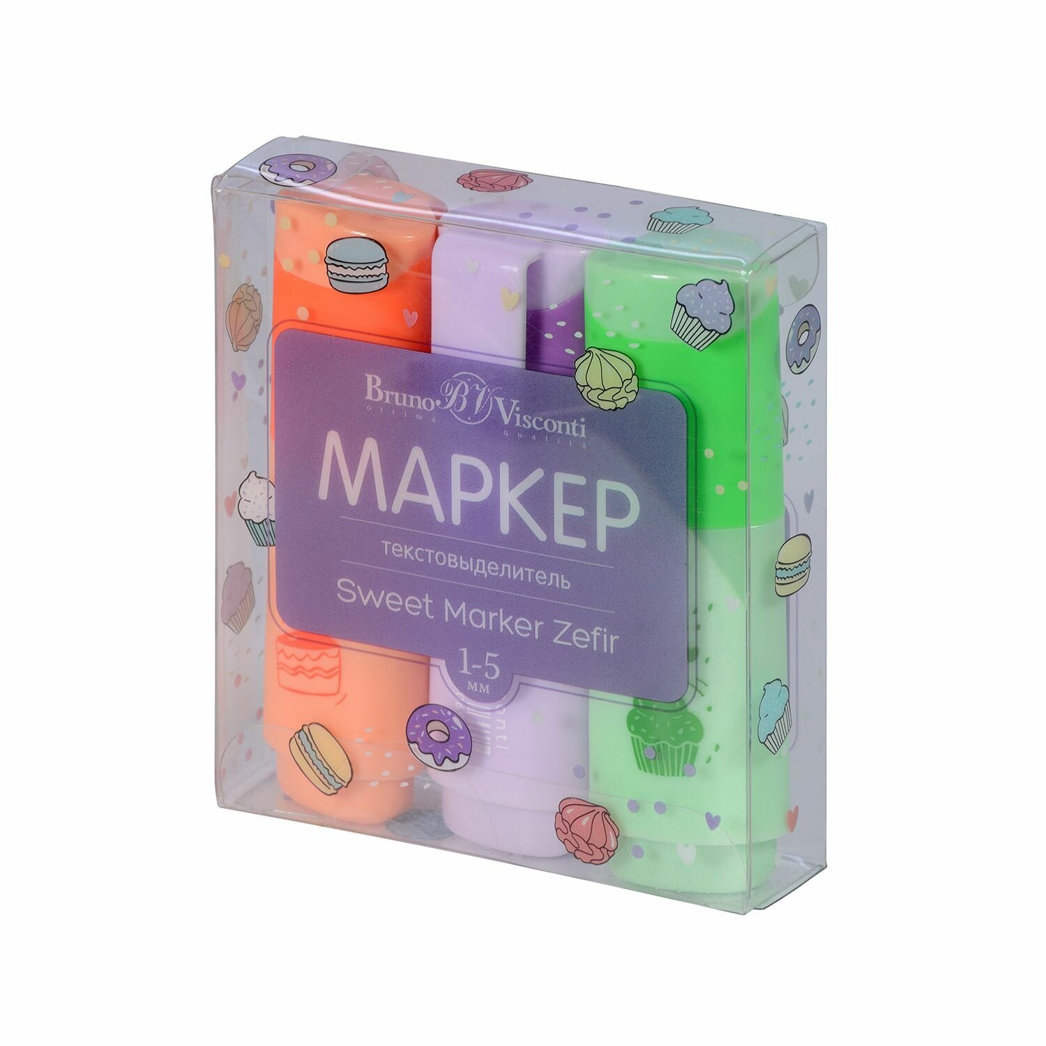 Текстовыделитель набор пастельные 3 цвета (мятный, оранжевый, сиреневый) Bruno Visconti "SWEET MARKER ZEFIR" / маркеры текстовыделители для школы арт.22-0112