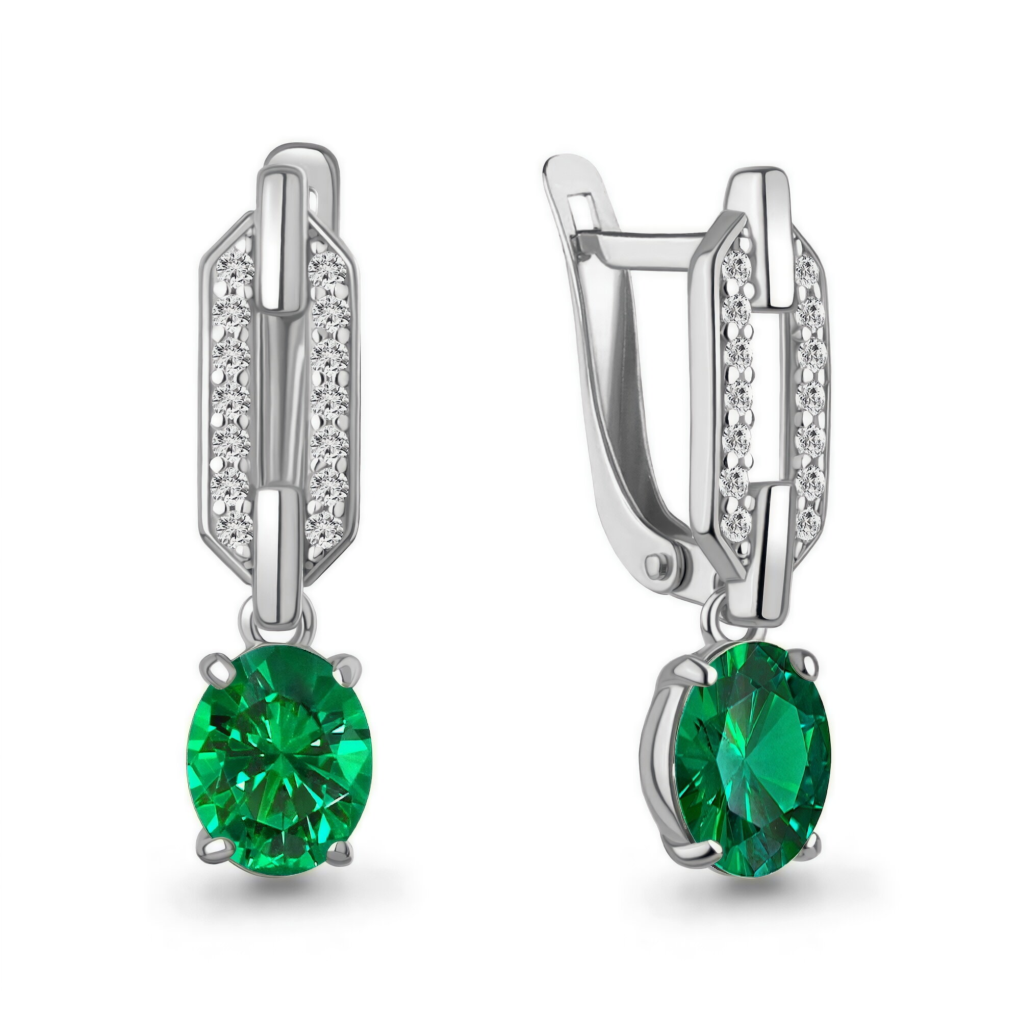 Серьги, серебро, 925 проба, родирование, изумруд синтетический, фианит