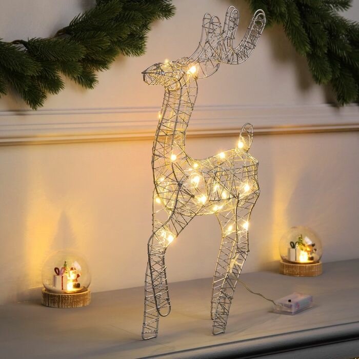 Светодиодная фигура "Олень бежевый", праздничное украшение с подсветкой, настольная декоративная фигурка для интерьера, декор на новый год, 45х22х6 см, 20 LED, свечение теплое белое