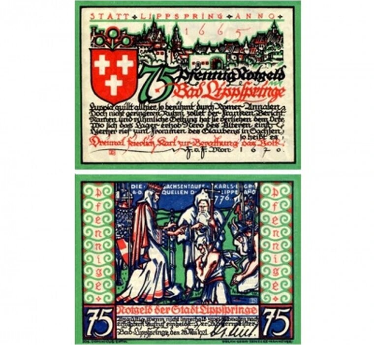 Нотгельд 75 пфеннигов 1921 Германия, Бад-Липпшпринге, сувенирная копия, банкноты и купюры редкие коллекционные