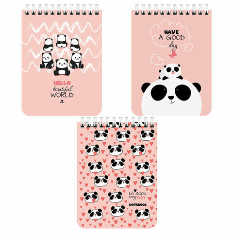 Блокнот малый формат А6 108х145 мм, 40 л, гребень, картон, клетка, BRAUBERG KIDS, "Панды", 114393