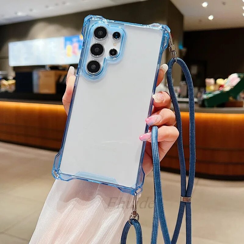 Чехол со шнурком для Samsung Galaxy A55 A15 A35 A54 A14 A34 A53 A52 S24 Ultra S23 FE, четырехугольный ремешок через плечо, бронированный прозрачный чехол