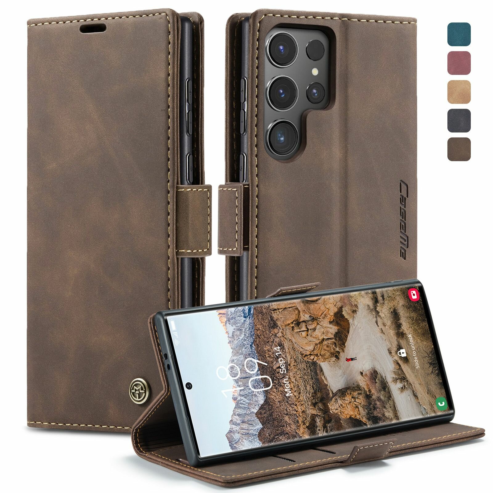 CaseMe Кожаный чехол для Samsung Galaxy S24 Ultra (Самсунг Галакси С24 Ультра) с визитницей из экокожи