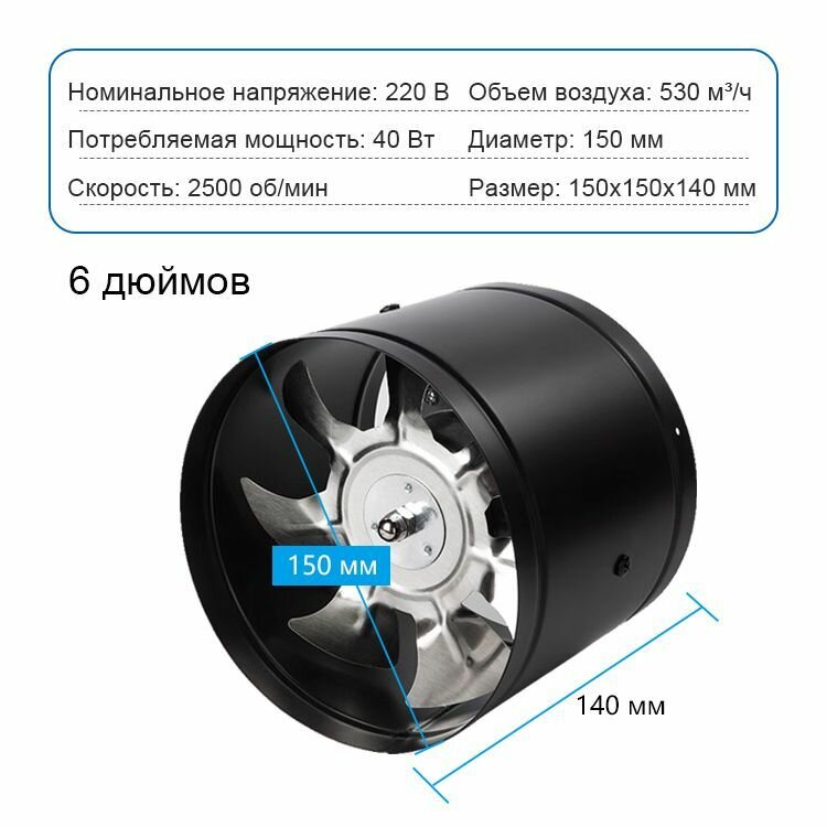 Круглый канальный вентилятор, 6 дюймов, 7 лопастей, материал нержавеющая сталь, 530 м3/ч, черный