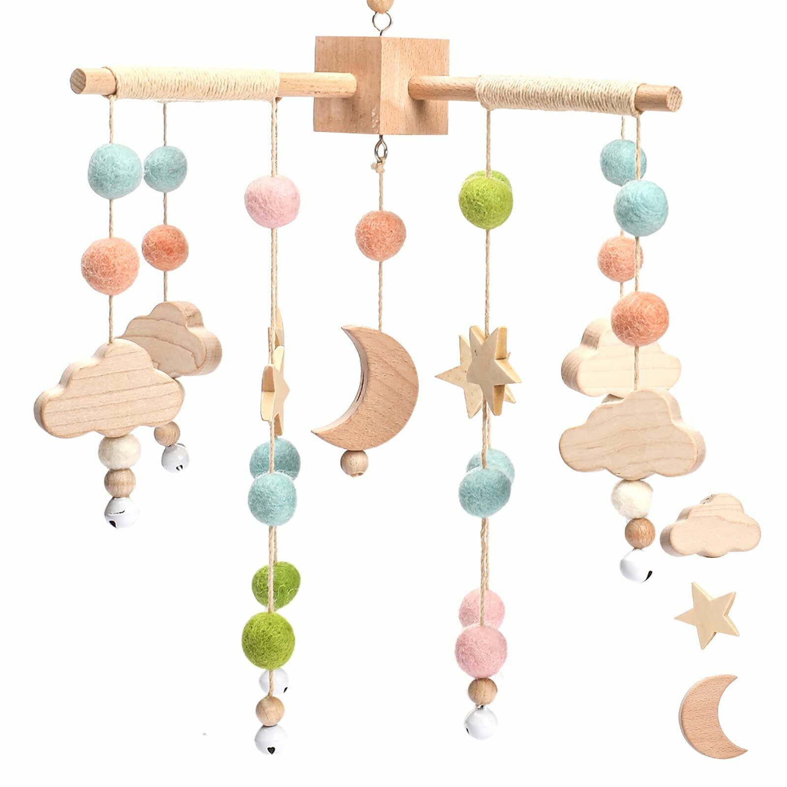 Деревянный Мобиль С Звездной Луной И Облачками Для Детской Кроватки В Комплекте С Деревянной Подставкой И Мягкими Шариками Из Фетра. Изготовлен Из Безопасных Материалов.