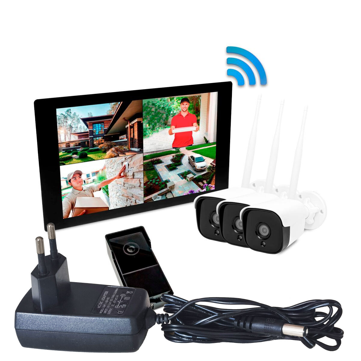 Радиоканальный видеодомофон с 3 камерами - Sky Net 1000 (1+3)-SDcard (Y12454YKS): HD монитор 10 дюймов, вызывная панель с камерой 3mp, 3 камеры виде