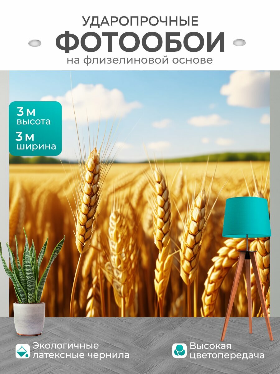 Фотообои моющиеся ударопрочные "Поля пшеницы с золотистыми колосьями, которые колышутся на ветру в теплый летний день. стиль: реализм, техника: масло." 300x300 см. флизелиновые на стену