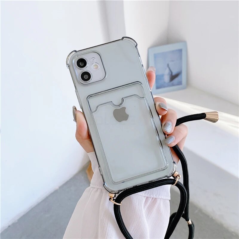 Чехол на шнурке для iPhone 11, черный, с карманом