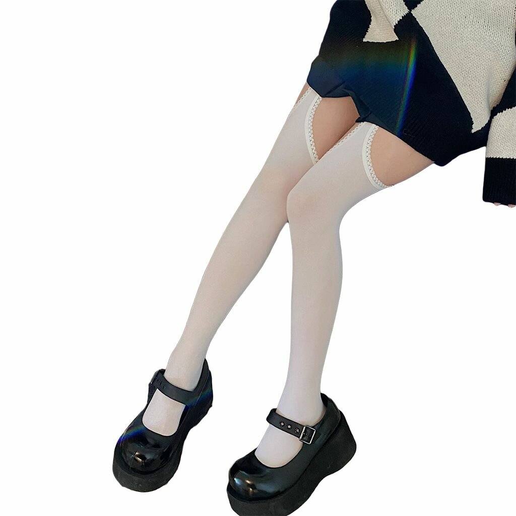 Осенне-зимние черные бархатные колготки hot girl с дырками на бедрах-белый