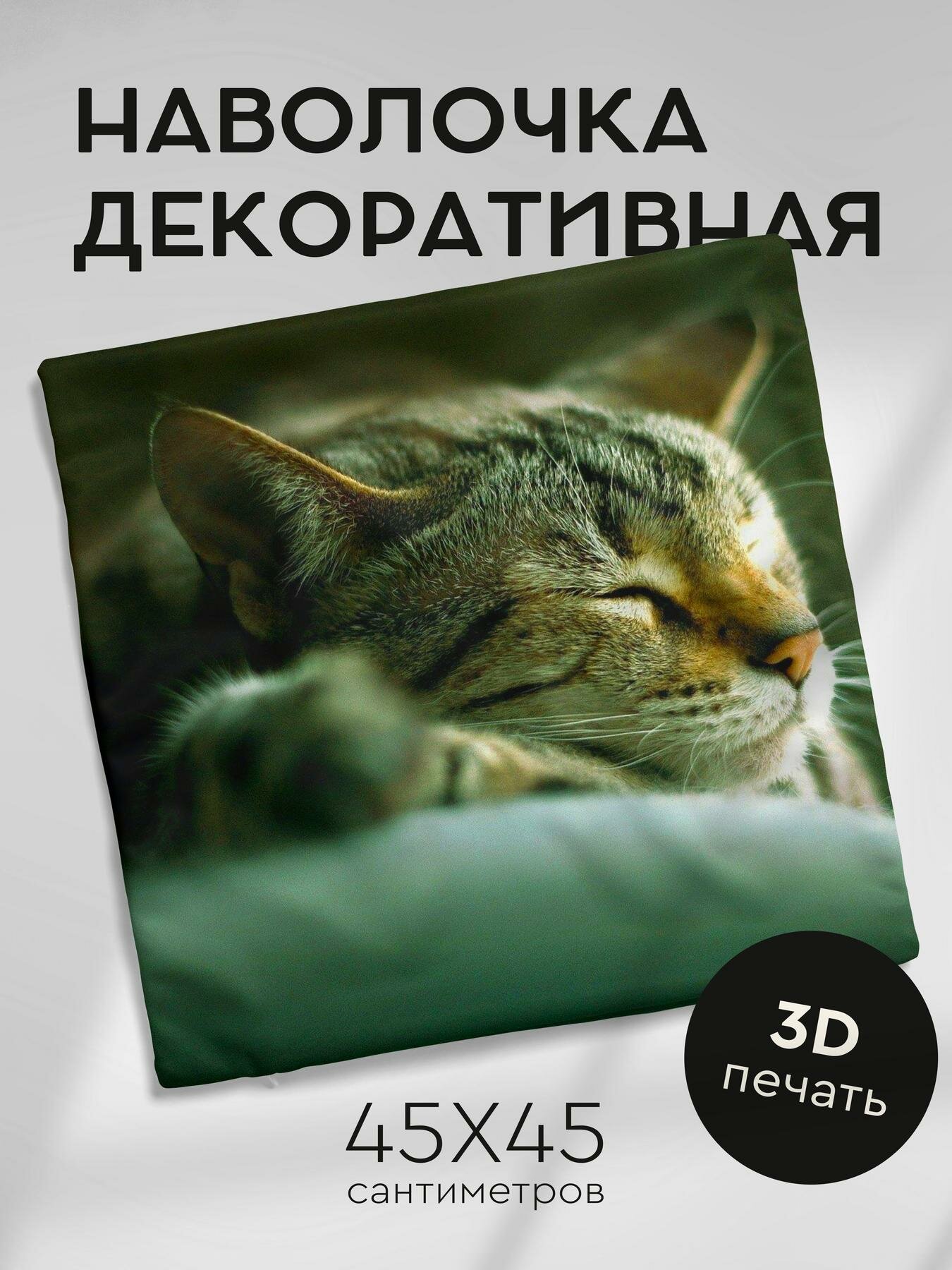 Наволочка декоративная, 45х45см / кот / морда / лежать / сон