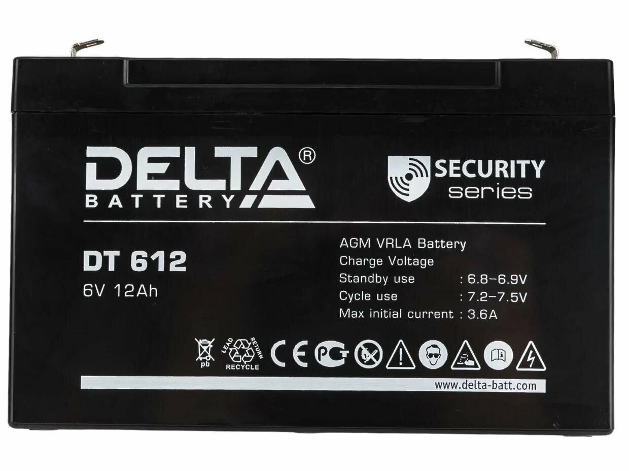 Аккумуляторная батарея Delta DT 612 6В/12Ач, клемма F2 (151х50х94мм (100мм); 1,6кг; Срок службы 5лет; Гарантия 1г)