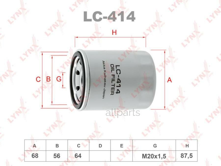 LYNXAUTO LC414 фильтр масляный MITSUBISHI RVR/CARISMA 1.6-1.8 95-06/GALANT 2.0-2.5 00-04/LANCER 1.3-1.8D 03-/PAJE