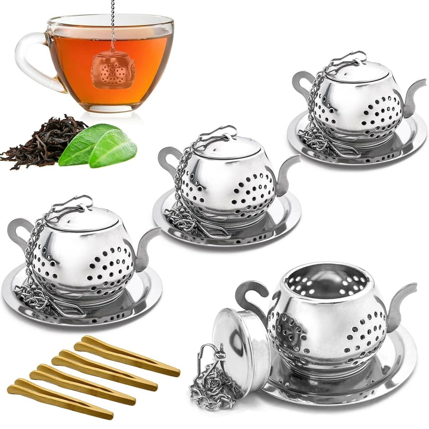 Ситечко для заварки чая, Нержавеющая сталь 304, 5, 2x3 см, Чайный фильтр для любителей чая, для большинства чайников, чашек, чайных бутылок с 4 деревянными зажимами