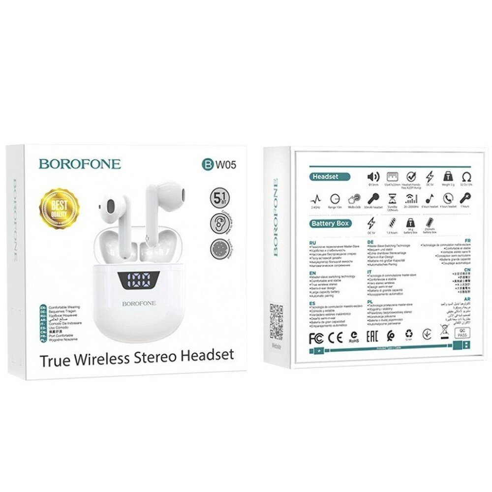 Наушники беспроводные TWS BOROFONE BW05 Pure tone, bluetooth V5.1 (Белый)