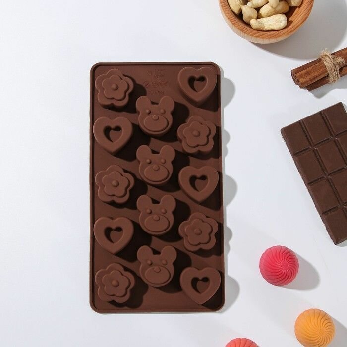 Форма для льда Доляна "Мишка, цветок, сердце", 19,7х10,5х1,5 см, 14 ячеек, цвет шоколадный