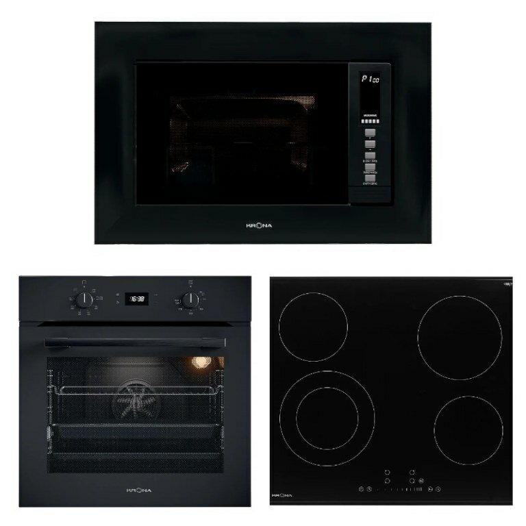Комплект Krona: духовой шкаф + микроволновая печь + электрическая варочная панель (Krona NERO 60 BL/BL, Krona Laune 60 BL K, Krona LAUREL 60 BL)