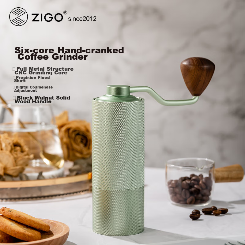 Zigo Hand-Crank Coffee Grinder, Portable CNC 6-Blade Coffee Bean Grinder for Home Use, Green