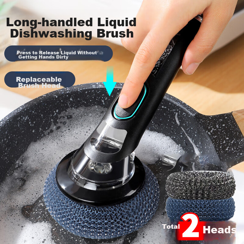 Jiebishi Dish Scrubber, Pot Cleaning Tool, Long Handle, Household Kitchen, Non-Stick, Hand-Cleaning Pot Brush, Automatic Liquid Dispenser, 2 Heads