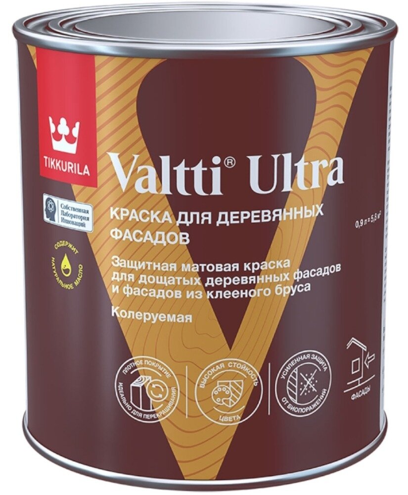 Фасадная краска Tikkurila / Тиккурила VALTTI ULTRA база C для деревянных фасадов биозащитная атмосферостойкая алкидная, прозрачная матовая, 0.9л / лакокрасочные материалы