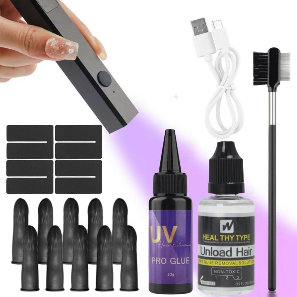 Набор для наращивания волос, 30г, УФ-клей, лампа, расческа, черный