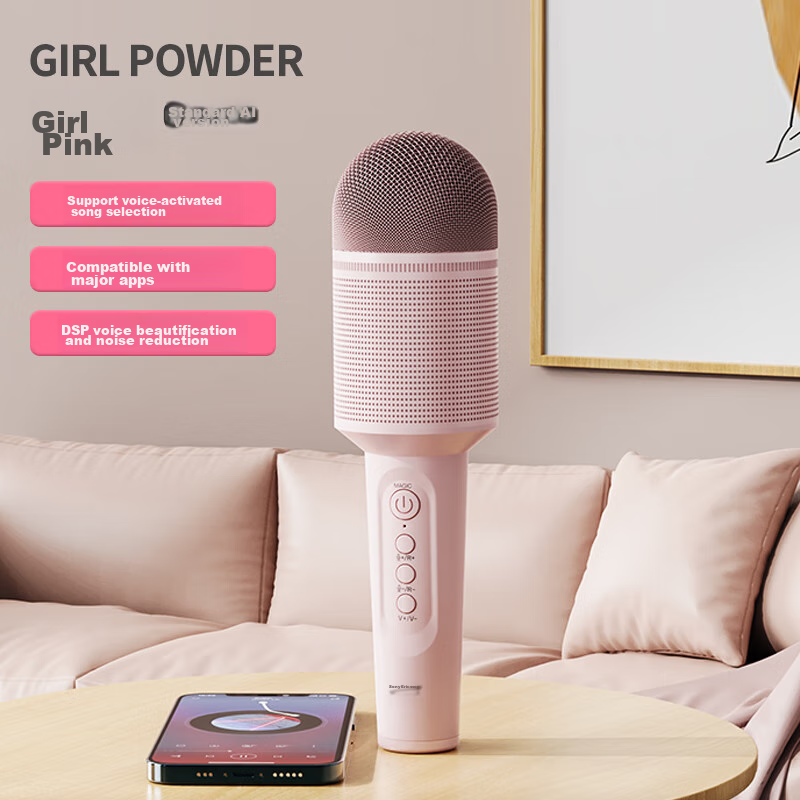 Soaiy MC8AI Version Wireless Karaoke Mobile Microphone, Live Streaming Recording Host Sound Card Kit, Singing Device, All-In Wireless Bluetooth Home KTV, Girl Pink