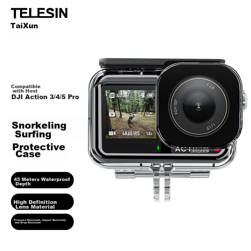 TELESIN DJI Action 4/5 Pro Waterproof Case, Action 3 Protective Case, Protective Cover, Action Camera Accessories, 45-Meter Waterproof