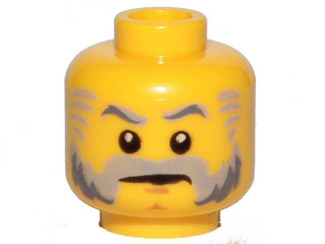 Minifigure, Head Light Bluish Gray and Dark Bluish Gray Eyebrows, Beard, and Sideburns, Medium Nougat Chin Dimple, Stern Pattern, 3626pb1335 Yellow U