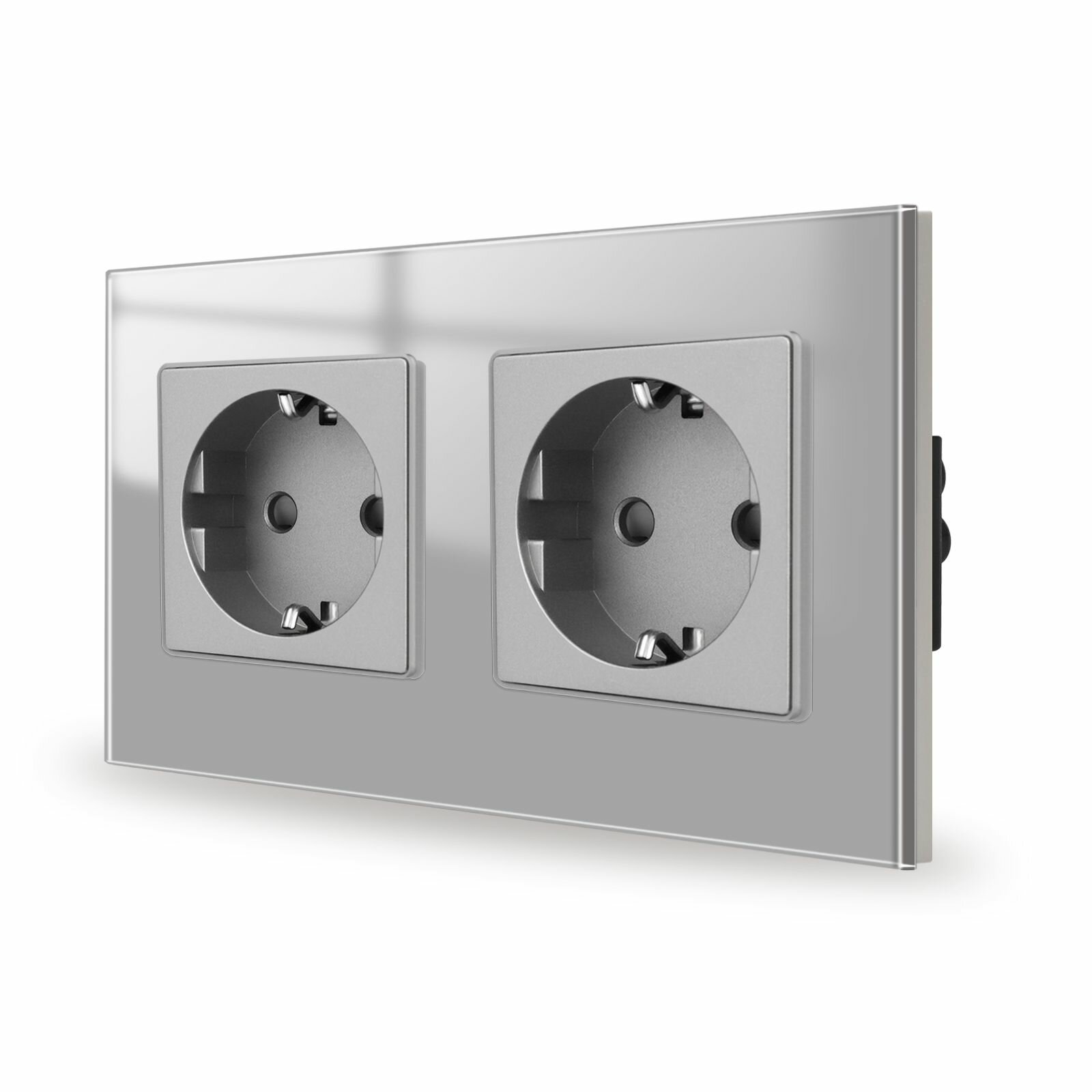 Розетка электрическая 2 поста с заземлением, розетки 250V 16A, панель закаленное стекло, Серый, 1 шт