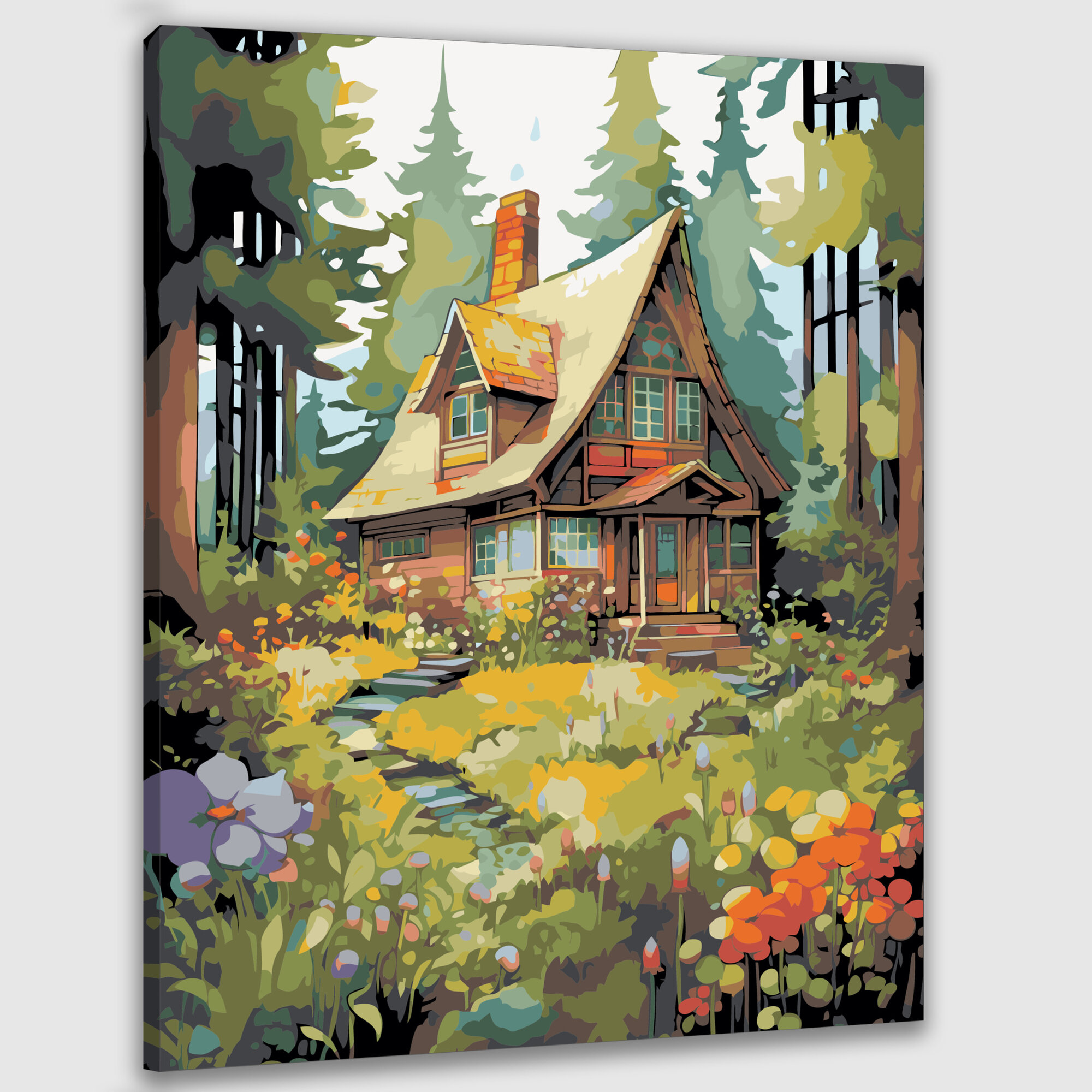 Картина по номерам 40x50 см, акварельная картина, хижина, лесная поляна, солнце, сосны, полевые цветы, покой