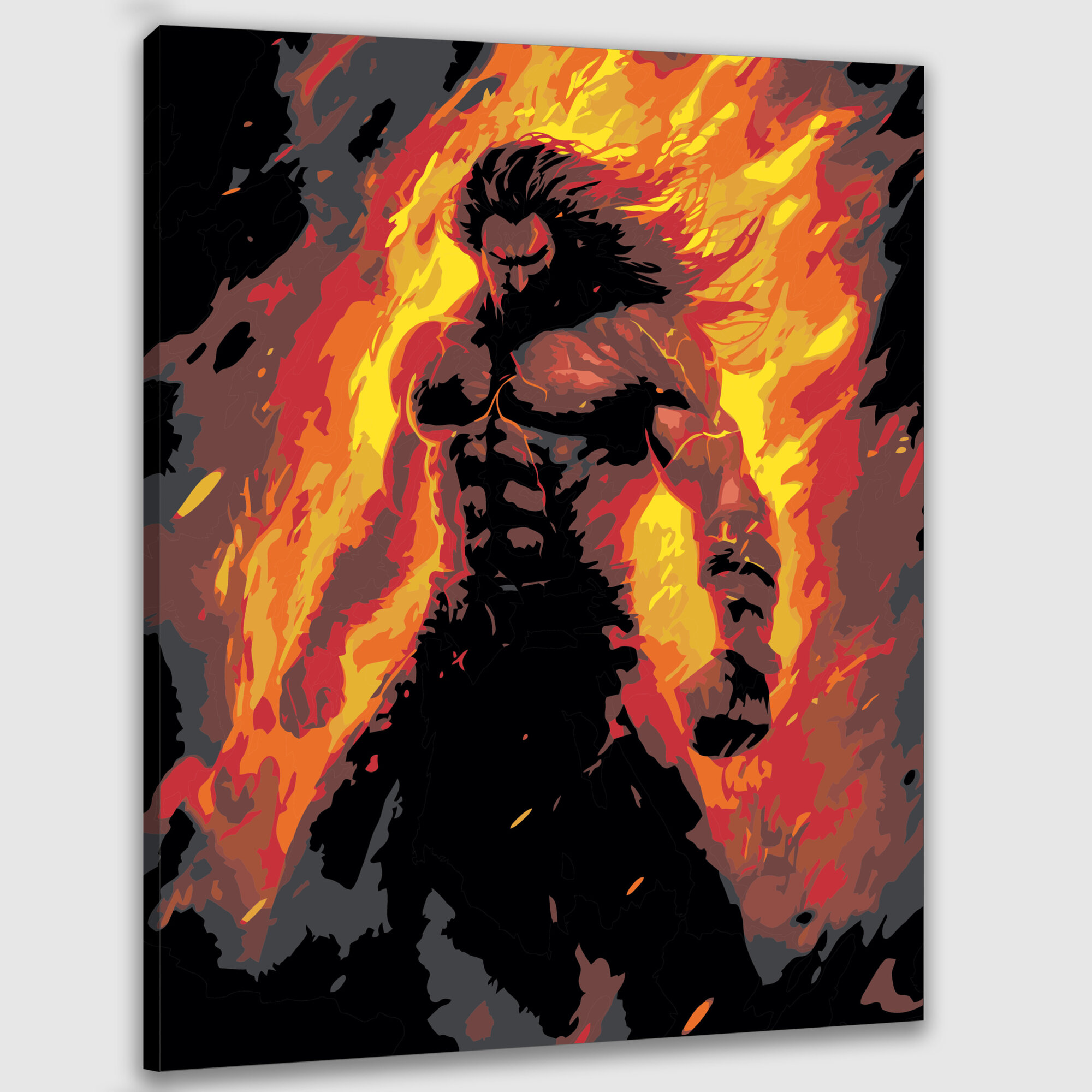 Картина по номерам 40x50 см, воин-берсерк, клубящийся пламя, огненное сияние, яркие цвета, динамичные мазки, движение