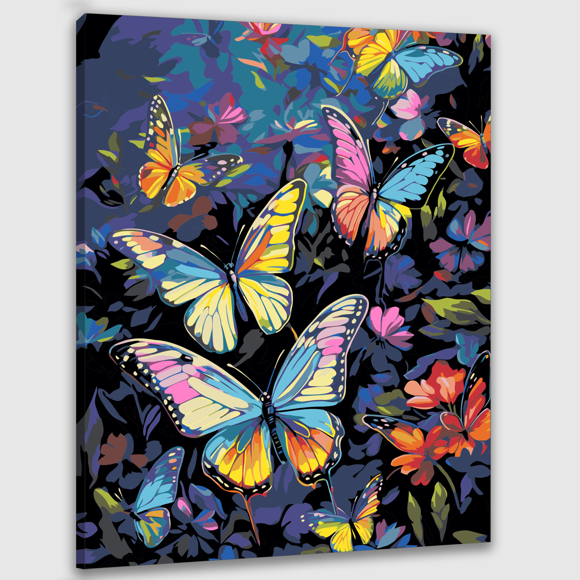 Картина по номерам 40x50 см, бабочки, калейдоскоп, разноцветные, парящие, нежные крылышки, оттенки, узоры, природа