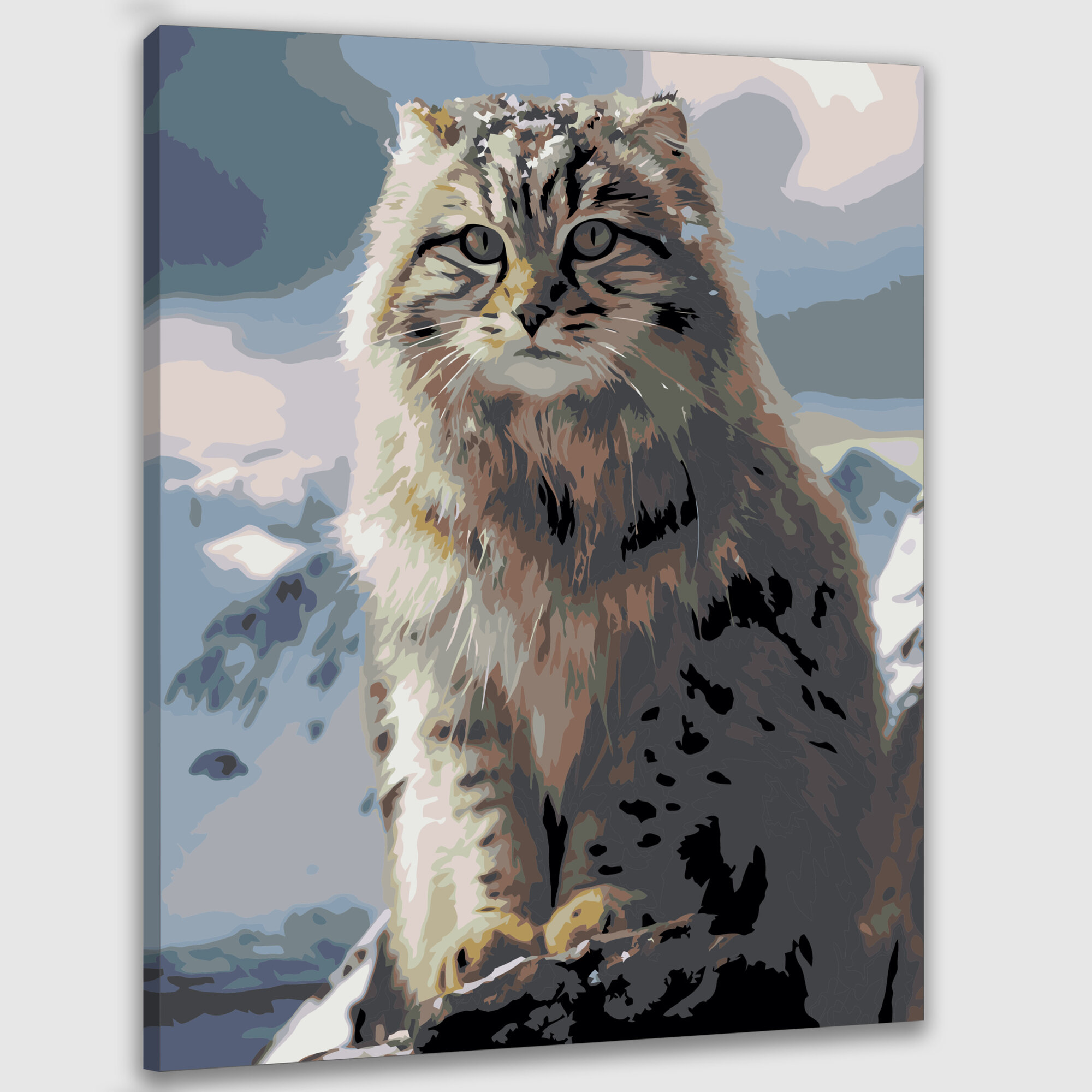 Картина по номерам 40x50 см, Манул, кот Манул, горная вершина, заснеженная, шуба, белое окружение, желтые глаза