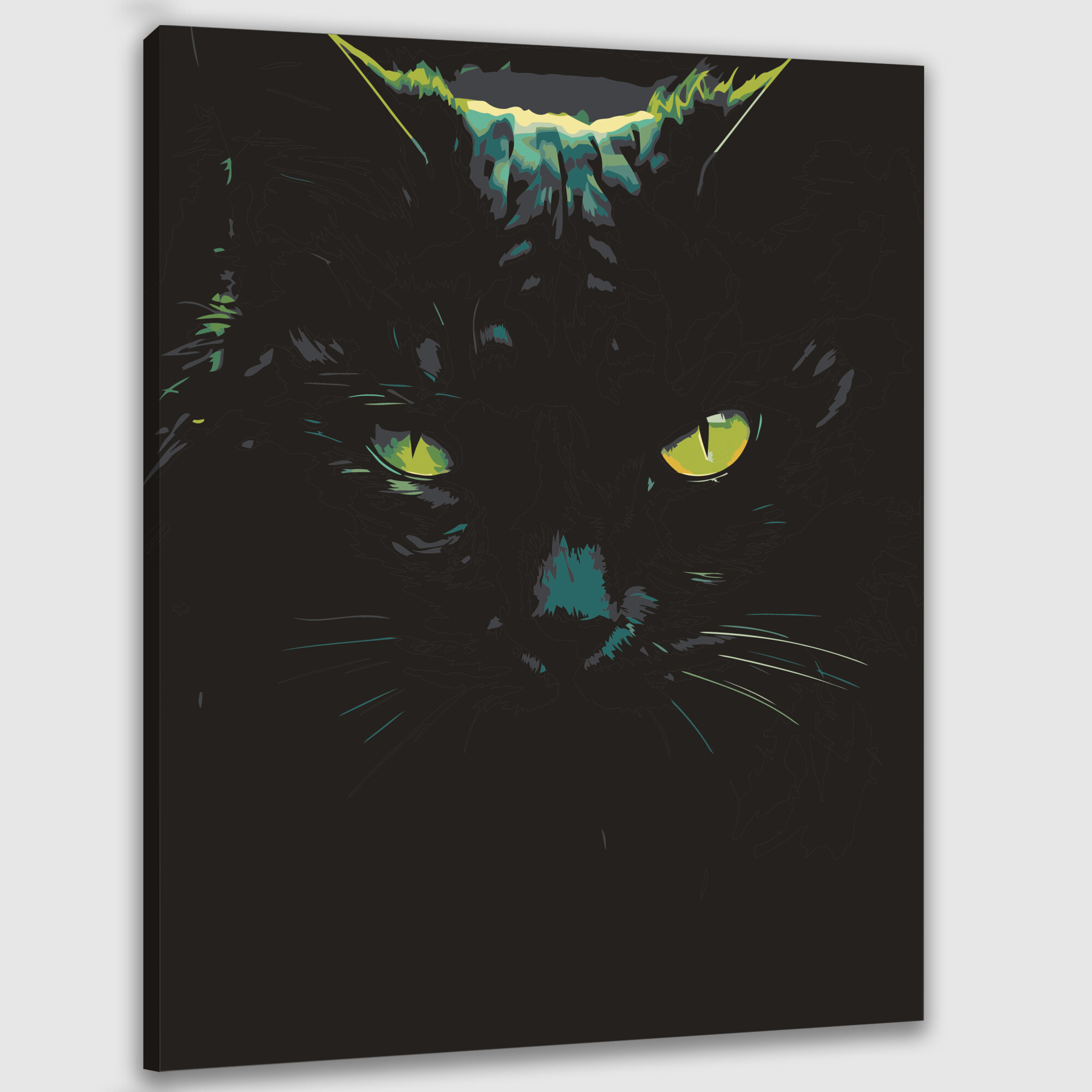 Картина по номерам 40x50 см, черный кот, зеленые глаза, мудрость, таинственность, блестящая шерсть, гладкая шерсть