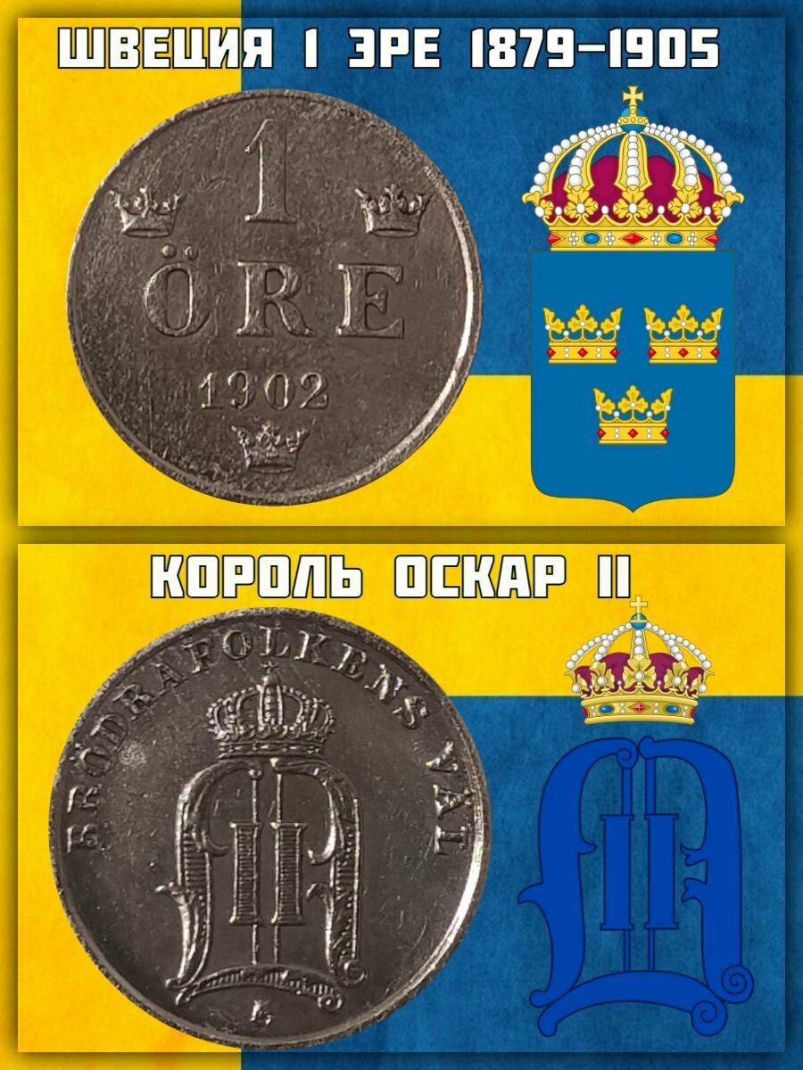 Швеция 1 эре, 1879-1905 Король Оскар II XF