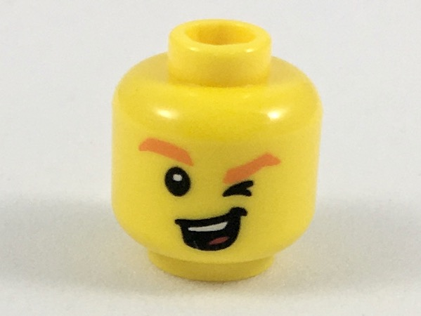 Minifigure, Head Orange Eyebrows, Winking Left Eye, Open Mouth with Teeth and Tongue Pattern, 3626pb2089 Yellow U