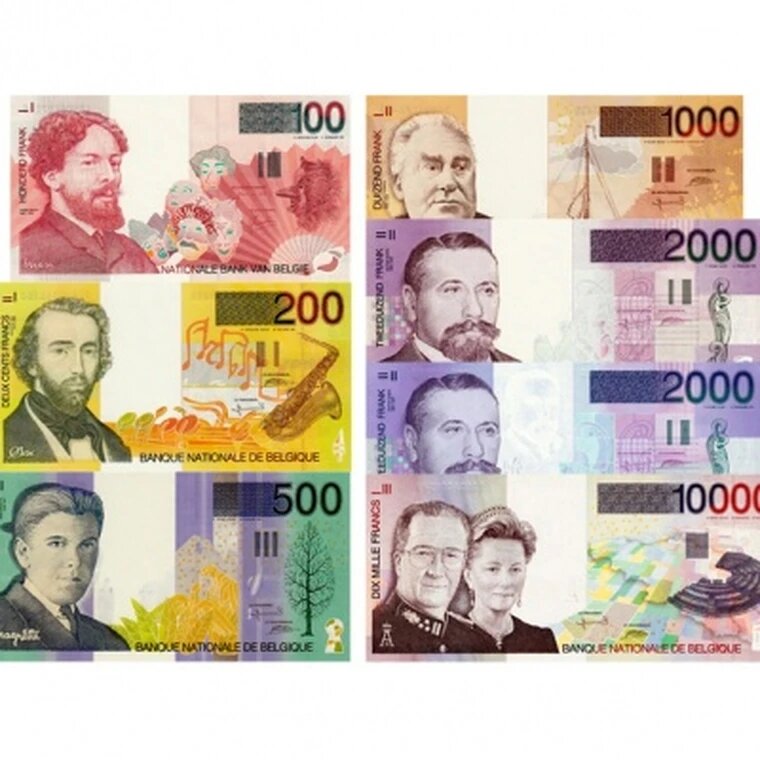 7 банкнот Бельгии 100-10000 франков 1994-2001, сувенирные копии, банкноты и купюры редкие коллекционные