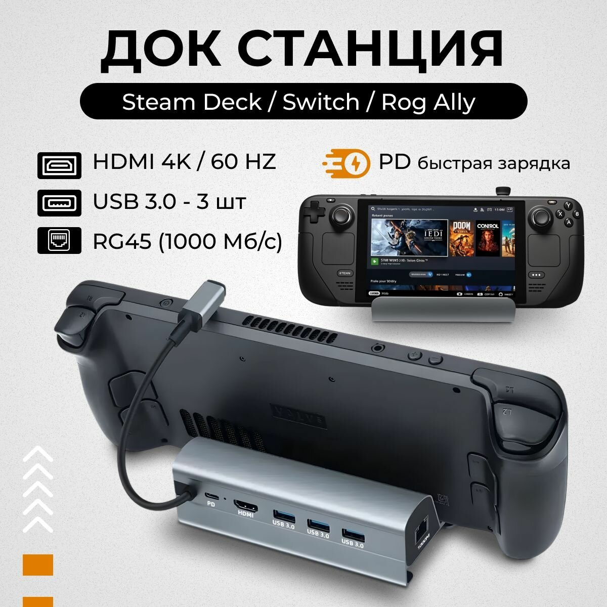 Док станция Steam Deck TAYMLUX HC-86A, зарядное устройство для стим дек, подставка с 6 портами