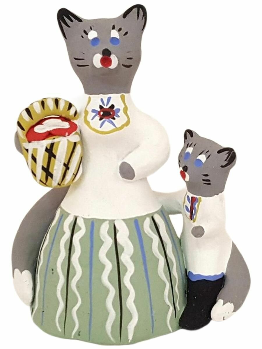 Кошка с котенком-2, Каргопольская глиняная игрушка, ручная авторская работа