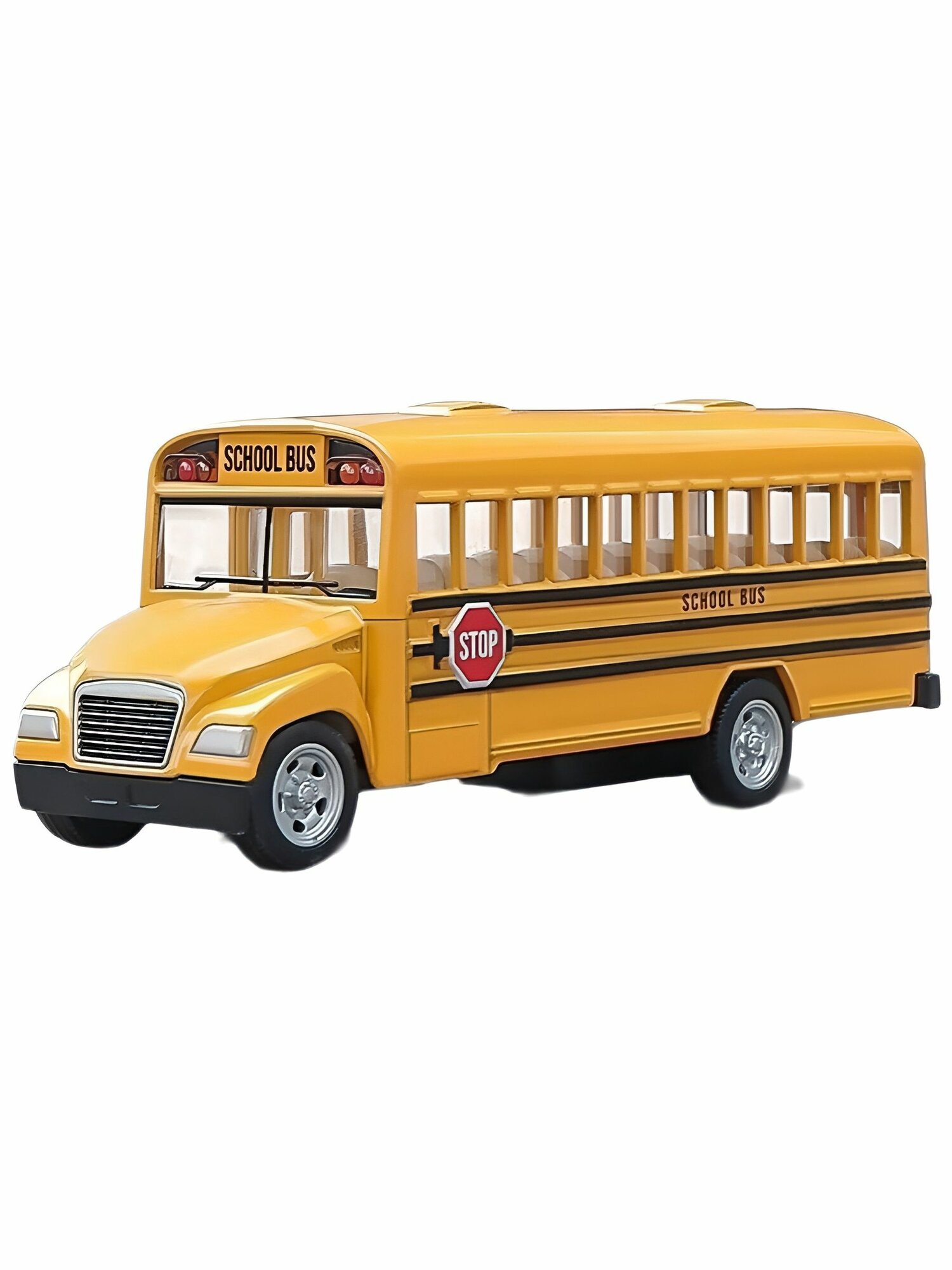 Металлический школьный автобус-игрушка с открывающимися дверями, инерционным механизмом и стоп-знаком (1:36)