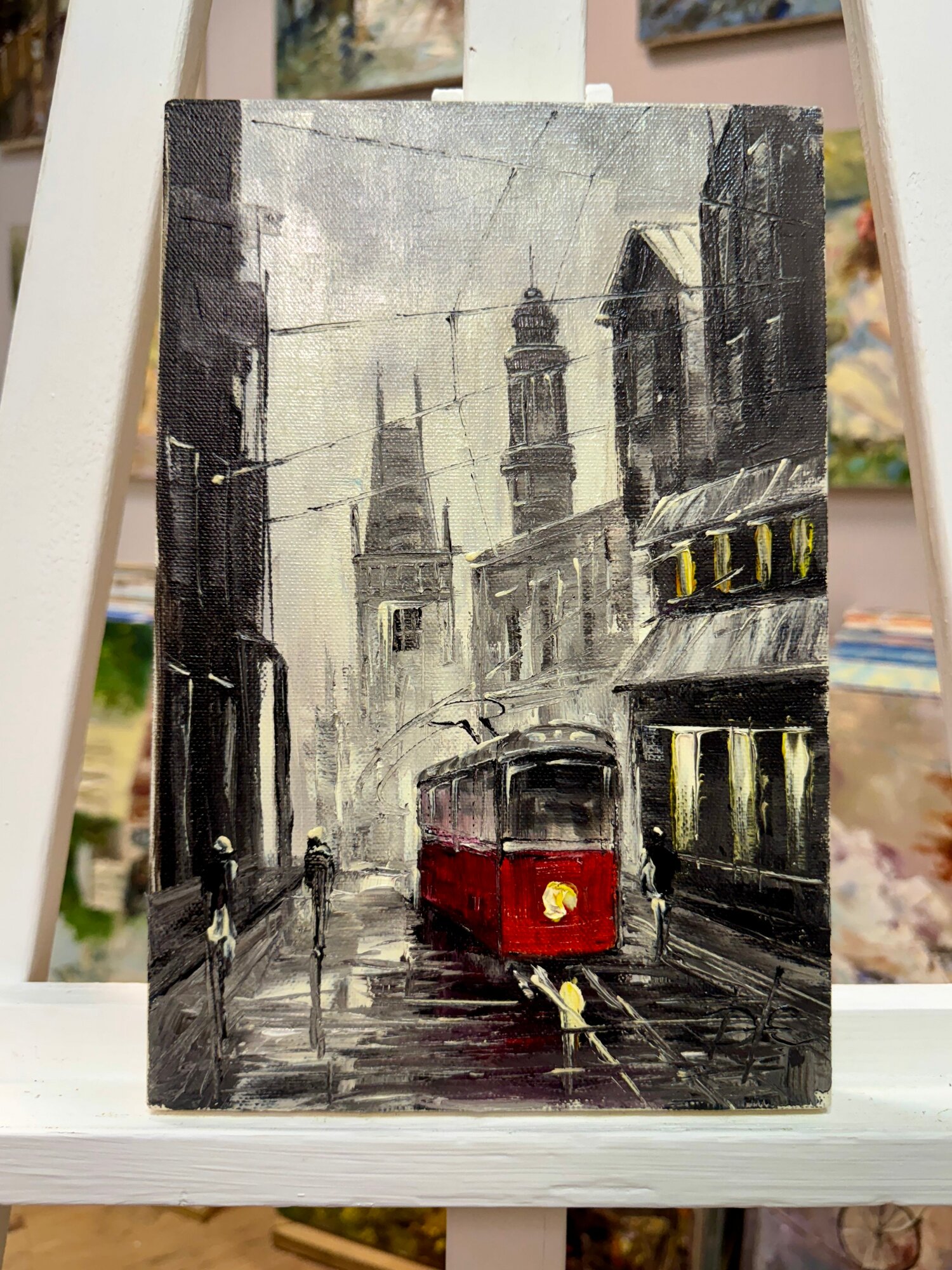 Картина маслом город, улицы Москвы, Трамвай 20х30 см. Художественная мастерская Грёзы.