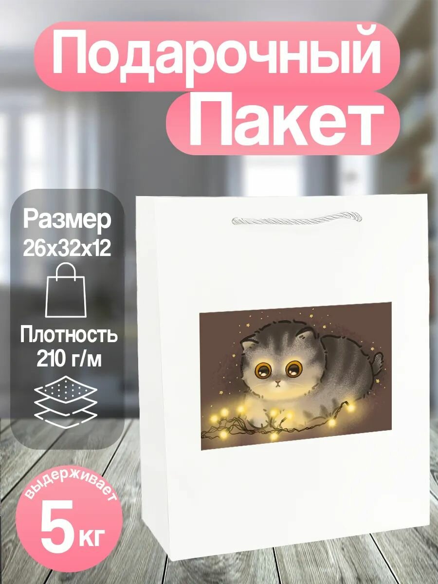Пакет подарочный большой белый новый год Котики, упаковка для подарка, 26х31 см
