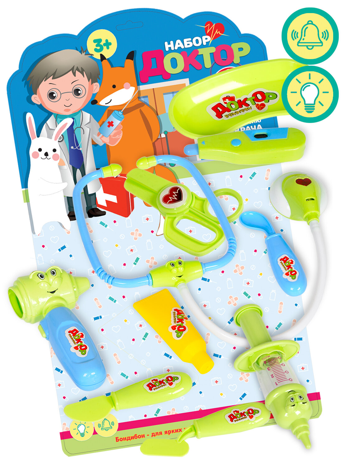 Игровой набор, набор доктора Bondibon "доктор" со светом и звуком, салатовый,10 предметов