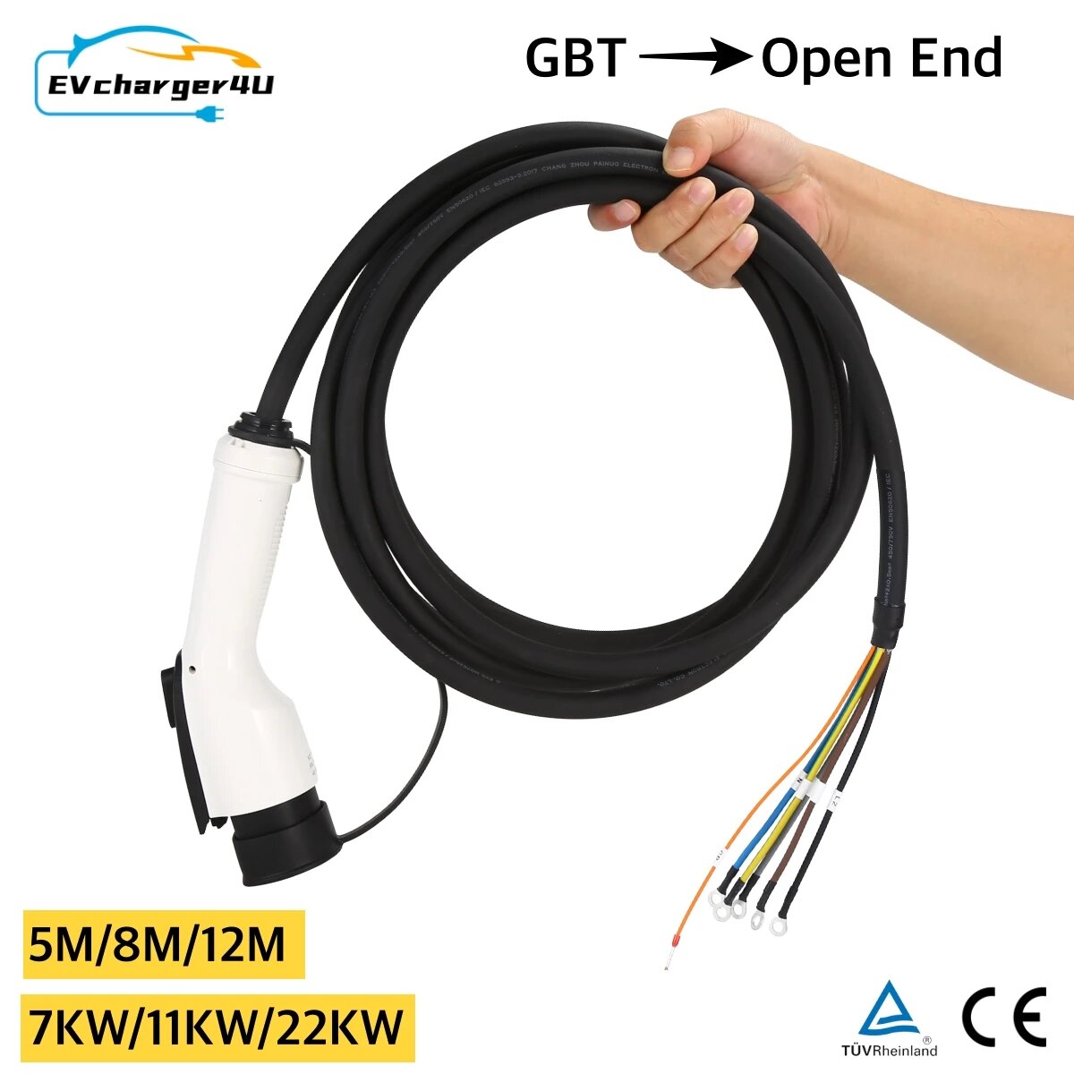 EVcharger4U 7KW 11KW 22KW GBT Кабель для зарядки EV Мужской GB/T для открытия провода для зарядной станции электромобилей 1P 32A 7KW 5M