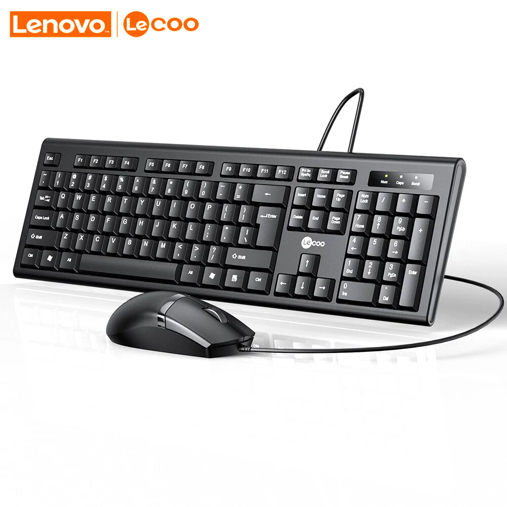 Lenovo Lecoo CM101S Комплект проводных клавиатур, Набор эргономической клавиатуры, Плаг-н-плей, Широкая совместимость, Черный, 104 клавиши, 44.5*14*2.6 см, 450 г, Дополнительно мышь с DPI 1200, 11.8*6.1*3.65 см, 96 г